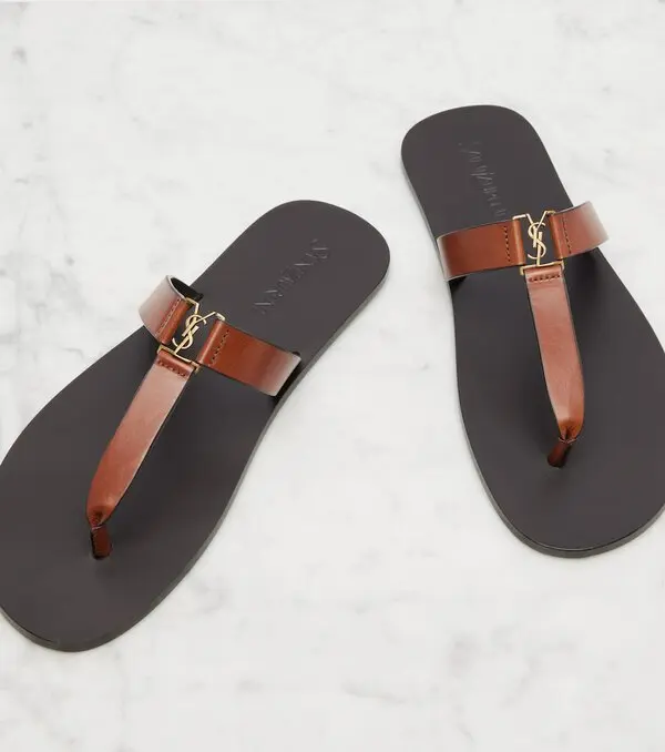 Saint Laurent Cassandre Leather Thong Sandals - Brown