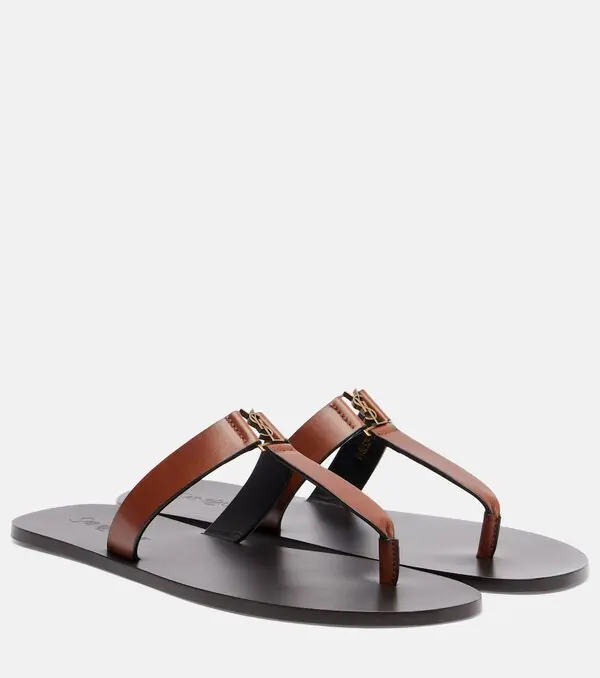 Saint Laurent Cassandre Leather Thong Sandals - Brown