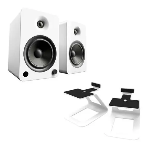 KANTO Yu6 Powered Bookshelf Speakers With Se6 Elevated Desktop Speaker Stands - Matte White