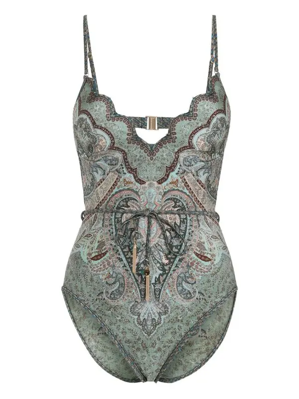 Zimmermann Wanderlust Paisley Print One Piece Swimsuit With Scalloped Trim And Tie Waist - Green