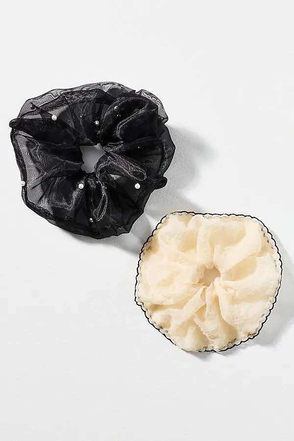 Anthropologie Sheer Embellished Scrunchies Set - Black/champagne