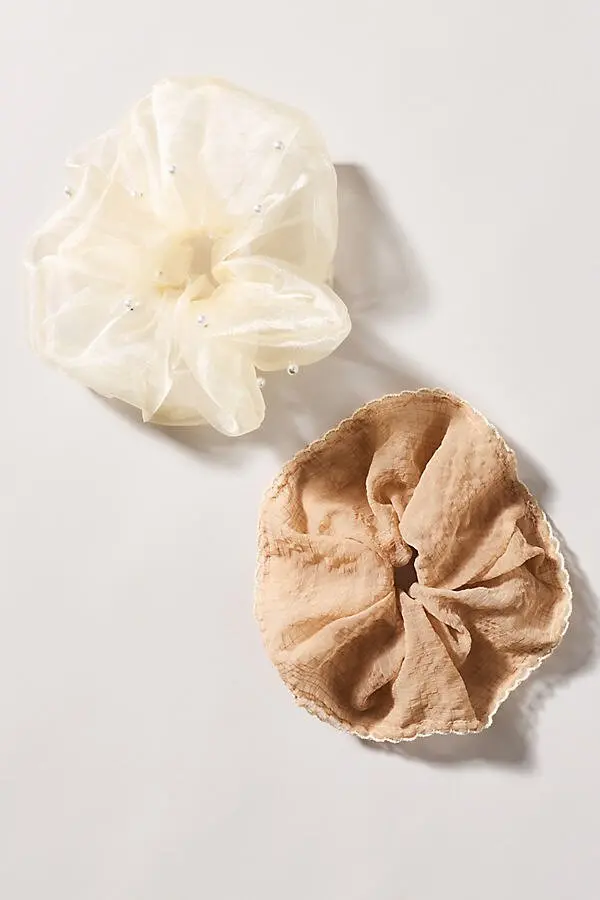 Anthropologie Sheer Embellished Scrunchies Set - Ivory/chocolate