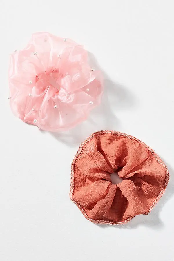 Anthropologie Sheer Embellished Scrunchies Set - Pink/mauve