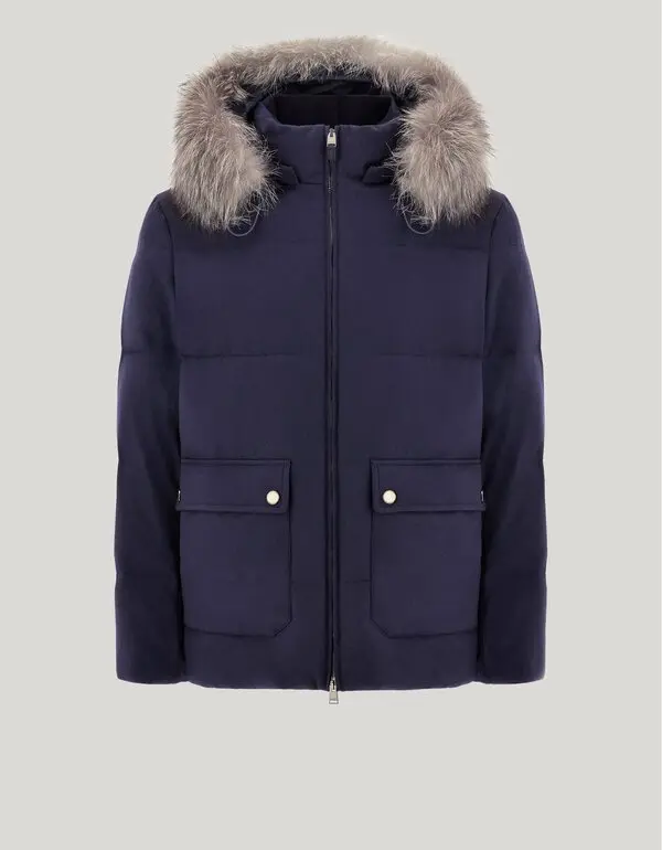 Canali Cashmere Puffer Jacket With Fox Fur Hood - Blue