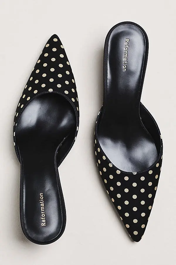 REFORMATION Wilda Kitten-heel Mules - Polka Dot Satin