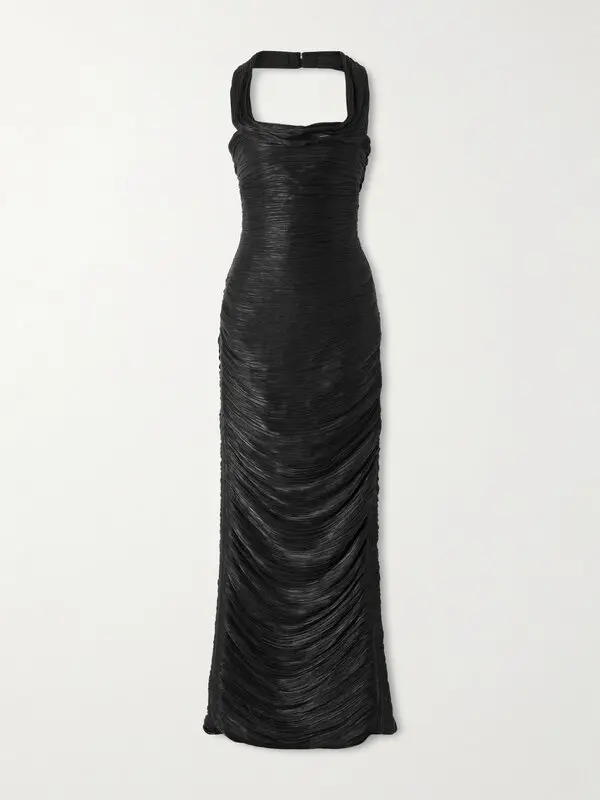 MARMAR HALIM Ruched Plissé Halterneck Gown