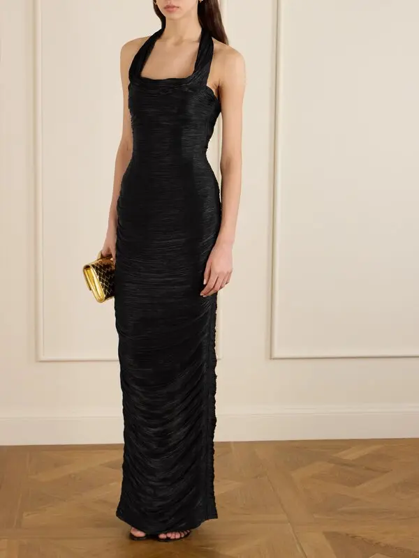 MARMAR HALIM Ruched Plissé Halterneck Gown