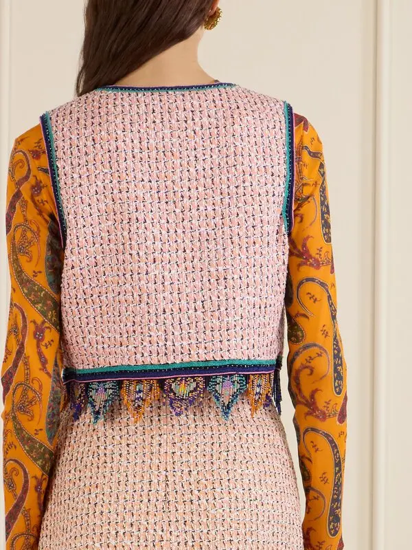 Etro Embroidered Tweed Vest With Fringed Hem - Orange