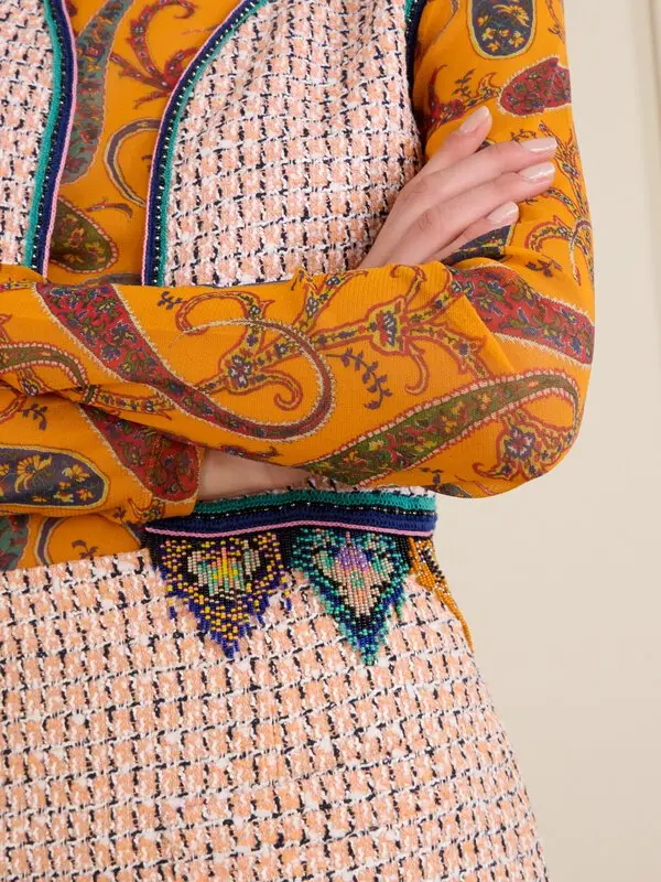 Etro Embroidered Tweed Vest With Fringed Hem - Orange