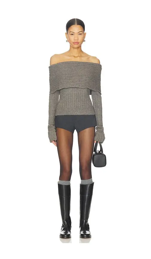 GUIZIO Wide Turtleneck Knit Top - Grey