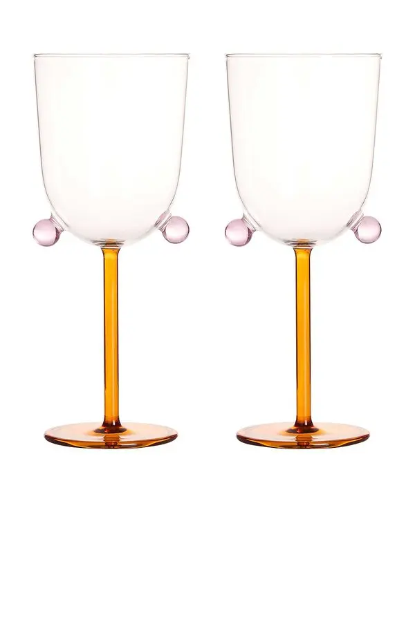 MAISON BALZAC Pompom Wine Glasses Set Of 2 - Miel, Clear, & Pink