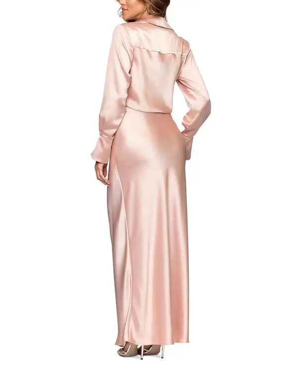 Aqua Satin Long Sleeve Maxi Gown - Rose