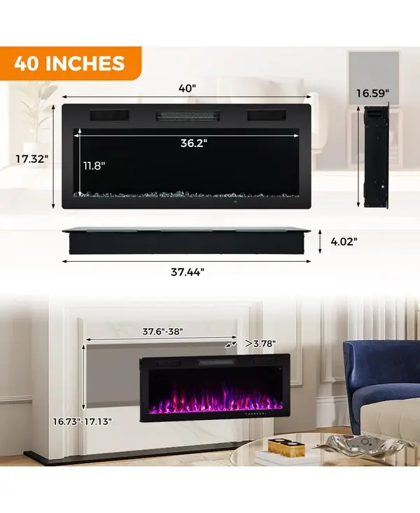 SUGIFT Electric Fireplace 40 Inches Recessed And Wall Mounted For 2' X 6' Stud