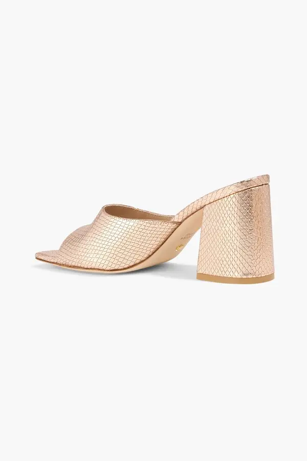 STUART WEITZMAN Tia 85 Metallic Snake-effect Leather Mules
