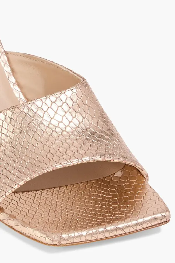 STUART WEITZMAN Tia 85 Metallic Snake-effect Leather Mules