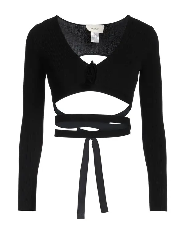 VICOLO Cropped Knit Top With Floral Appliqués - Black