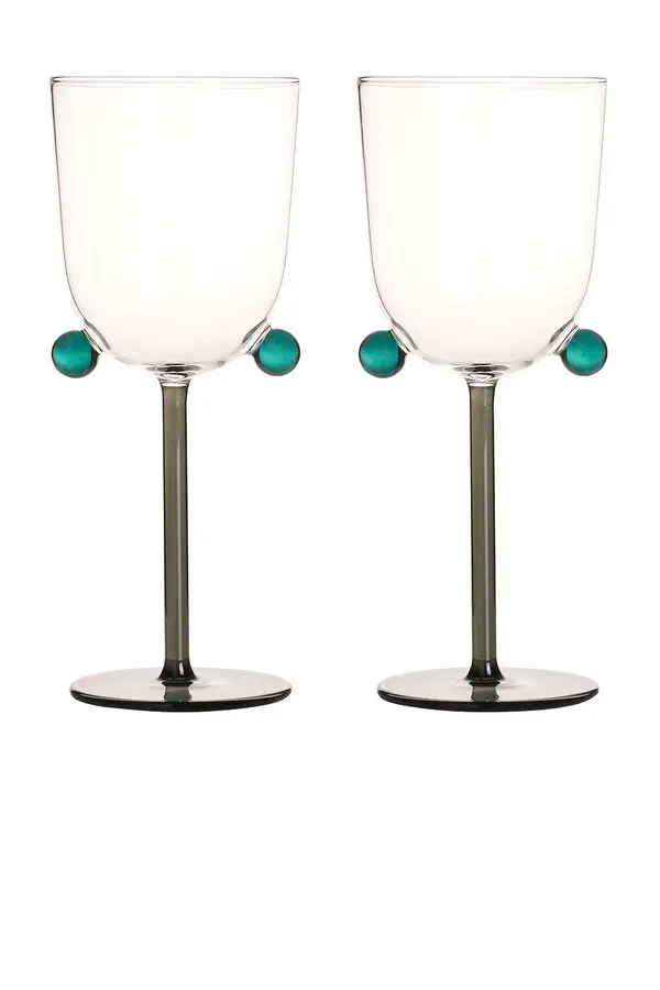 MAISON BALZAC Pompom Wine Glasses Set Of 2 - Smoke, Clear, & Teal