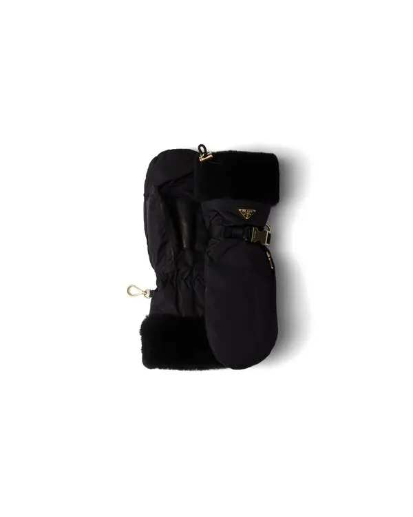 Prada Re-nylon And Shearling Mittens - Black