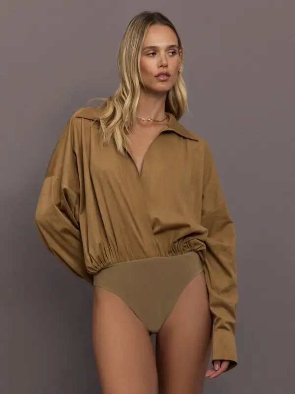 Norma Kamali Oversized Boyfriend Shirt Bodysuit - Camel