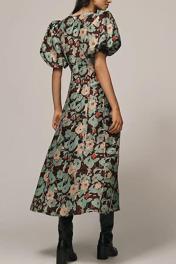 LOVAAN Adeline Linen-silk Puff-sleeve Midi Dress