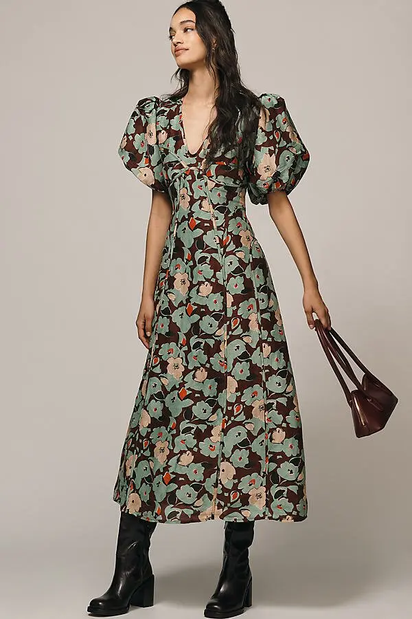 LOVAAN Adeline Linen-silk Puff-sleeve Midi Dress