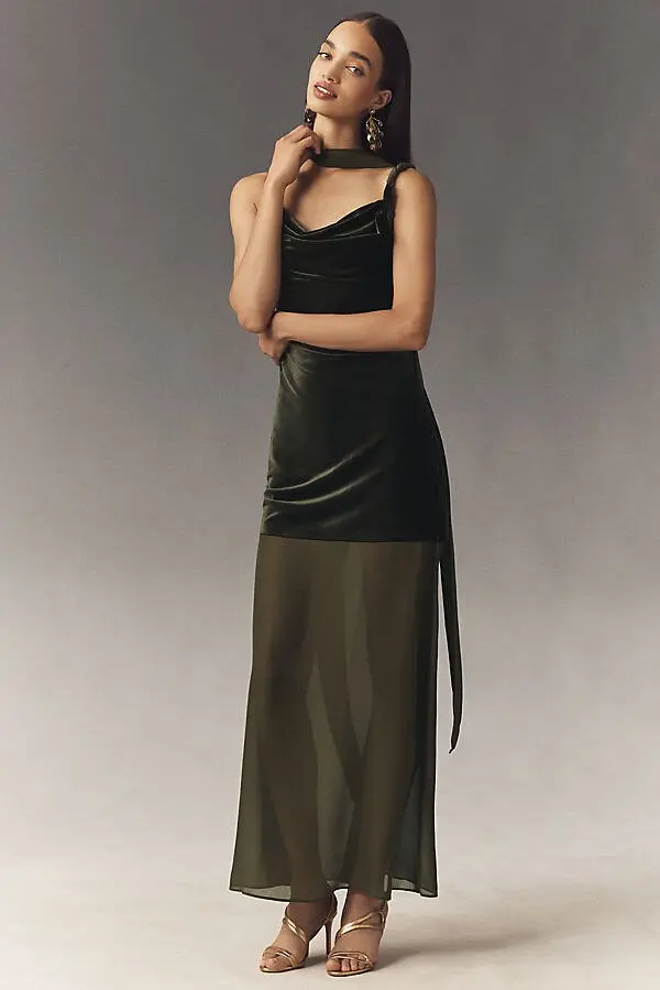 MARE MARE Velvet Scarf-neck Maxi Dress - Olive
