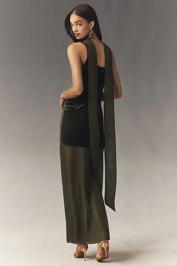 MARE MARE Velvet Scarf-neck Maxi Dress - Olive