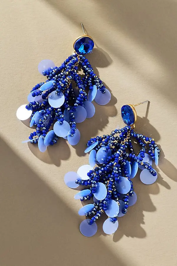 Anthropologie Beaded Sequin Fringe Earrings - Blue