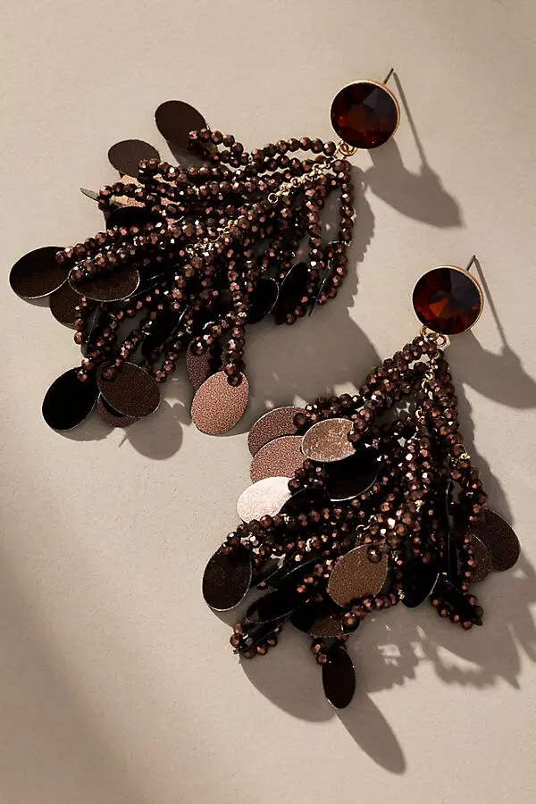 Anthropologie Beaded Sequin Fringe Earrings - Chocolate