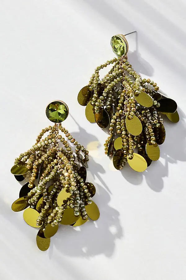 Anthropologie Beaded Sequin Fringe Earrings - Olive