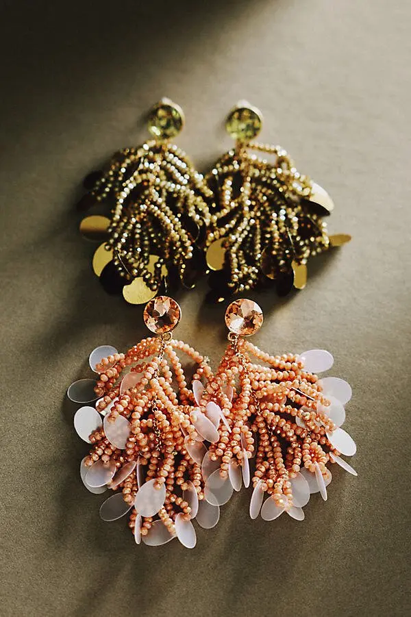 Anthropologie Beaded Sequin Fringe Earrings - Pink