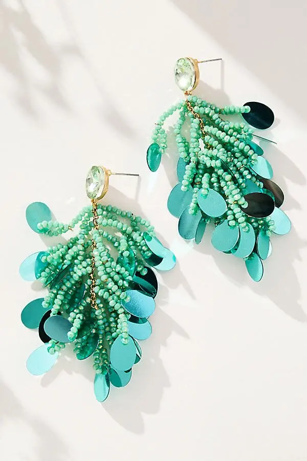 Anthropologie Beaded Sequin Fringe Earrings - Turquoise