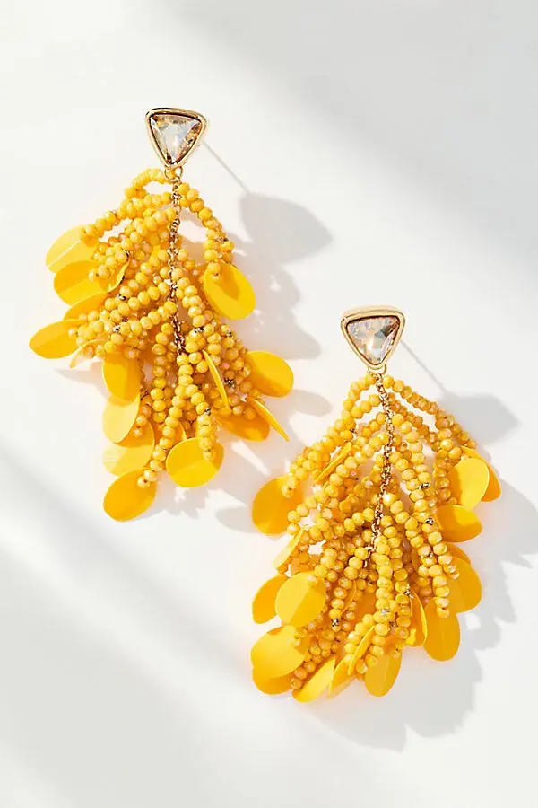 Anthropologie Beaded Sequin Fringe Earrings - Yellow