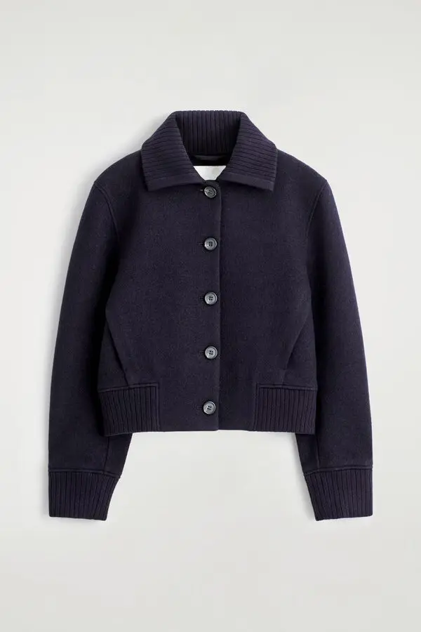 Cos Ribbed-collar Boiled Merino Wool Jacket - Navy