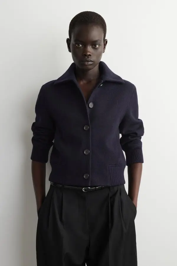 Cos Ribbed-collar Boiled Merino Wool Jacket - Navy