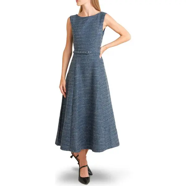 FREEMARKET Sequin Belted Tweed Midi Dress - Light Navy