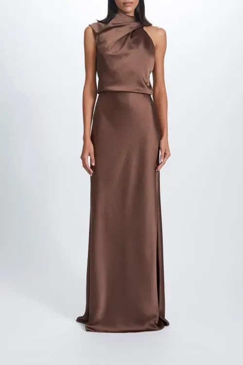 Amsale Satin Draped Neck Gown - Truffle
