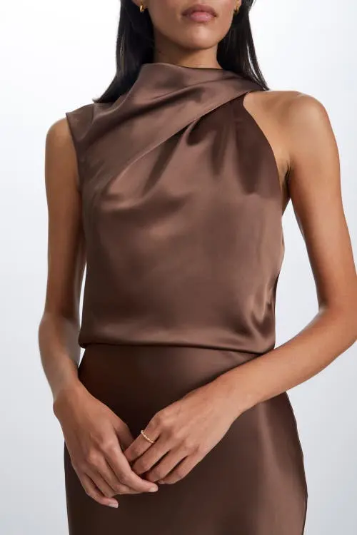 Amsale Satin Draped Neck Gown - Truffle