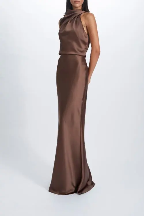 Amsale Satin Draped Neck Gown - Truffle