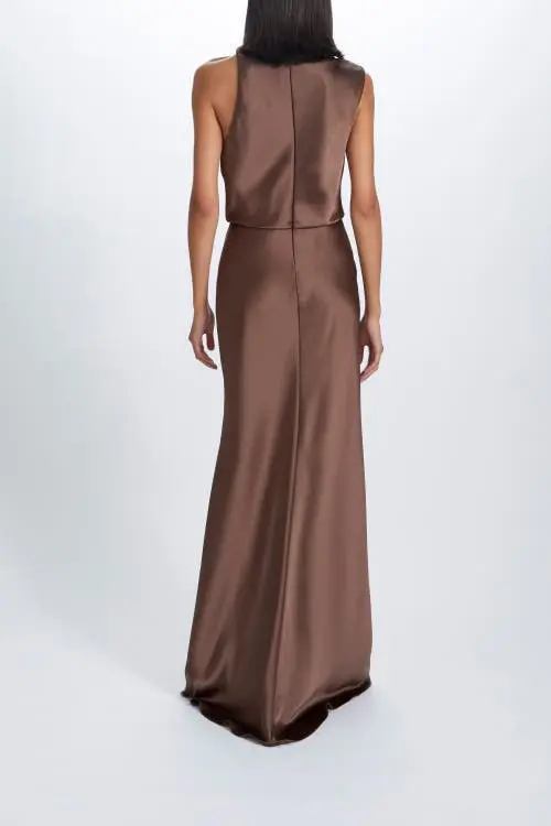 Amsale Satin Draped Neck Gown - Truffle
