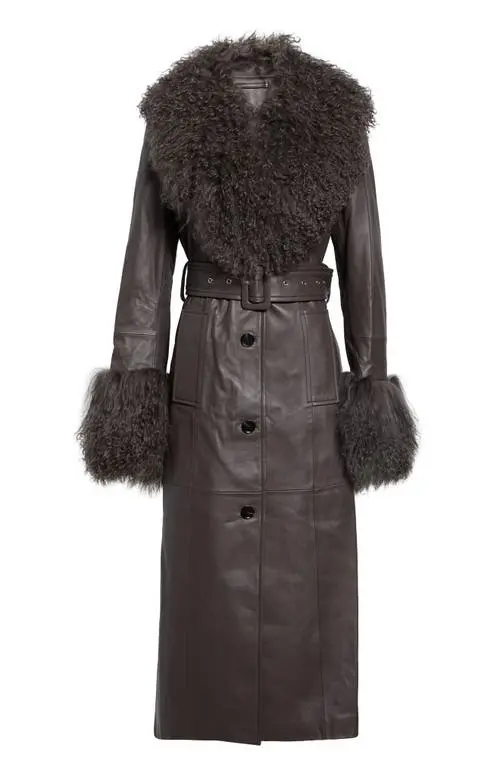 STAND STUDIO Monica Lambskin & Genuine Shearling Coat - Dark Chocolate