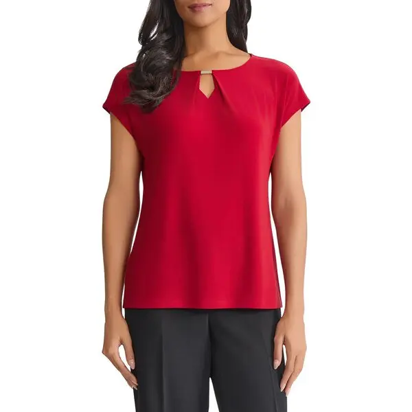 KASPER Hardware Keyhole Cap-sleeve Top - Fire Red