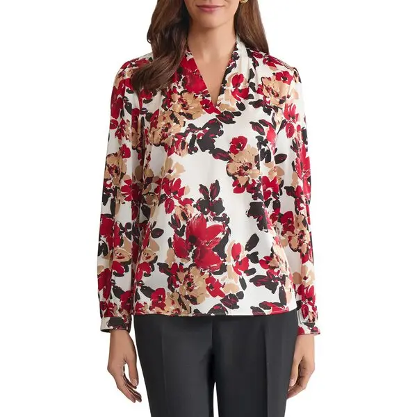 KASPER Floral Print Pleated Shoulder Top