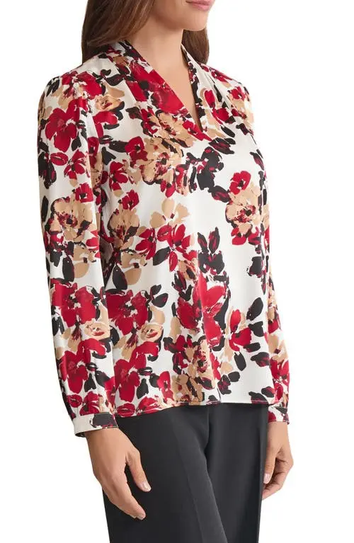 KASPER Floral Print Pleated Shoulder Top