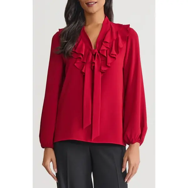 KASPER Crepe Top With Ruffle Trim And Tie Front - Fire Red