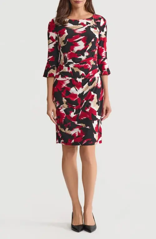 KASPER Abstract Print Side Ruched Sheath Dress - Black Multi