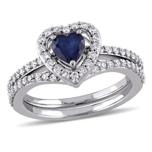 JULIANNA B. 10k White Gold Diffused And Diamond Heart Bridal Set - Sapphire