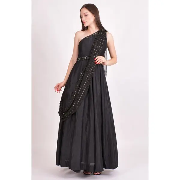 RAAS Oni One Shoulder Embroidered Saree Gown - Black