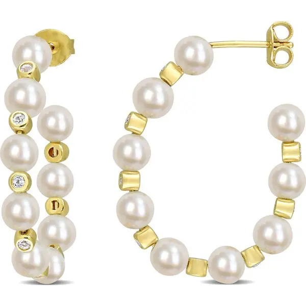 JULIANNA B. Pearl & White Topaz Hoop Earrings - Cultured Pearl