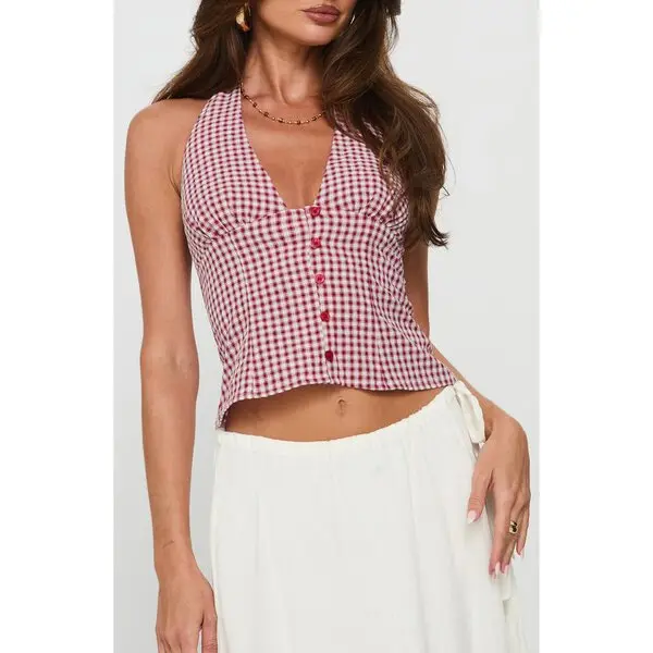 Princess Polly Gingham Button-up Halter Top - Red Gingham